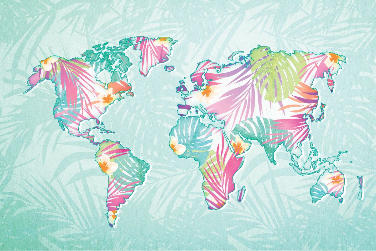 Pastel Tropical Leaves World Map – Pineapple Licensing