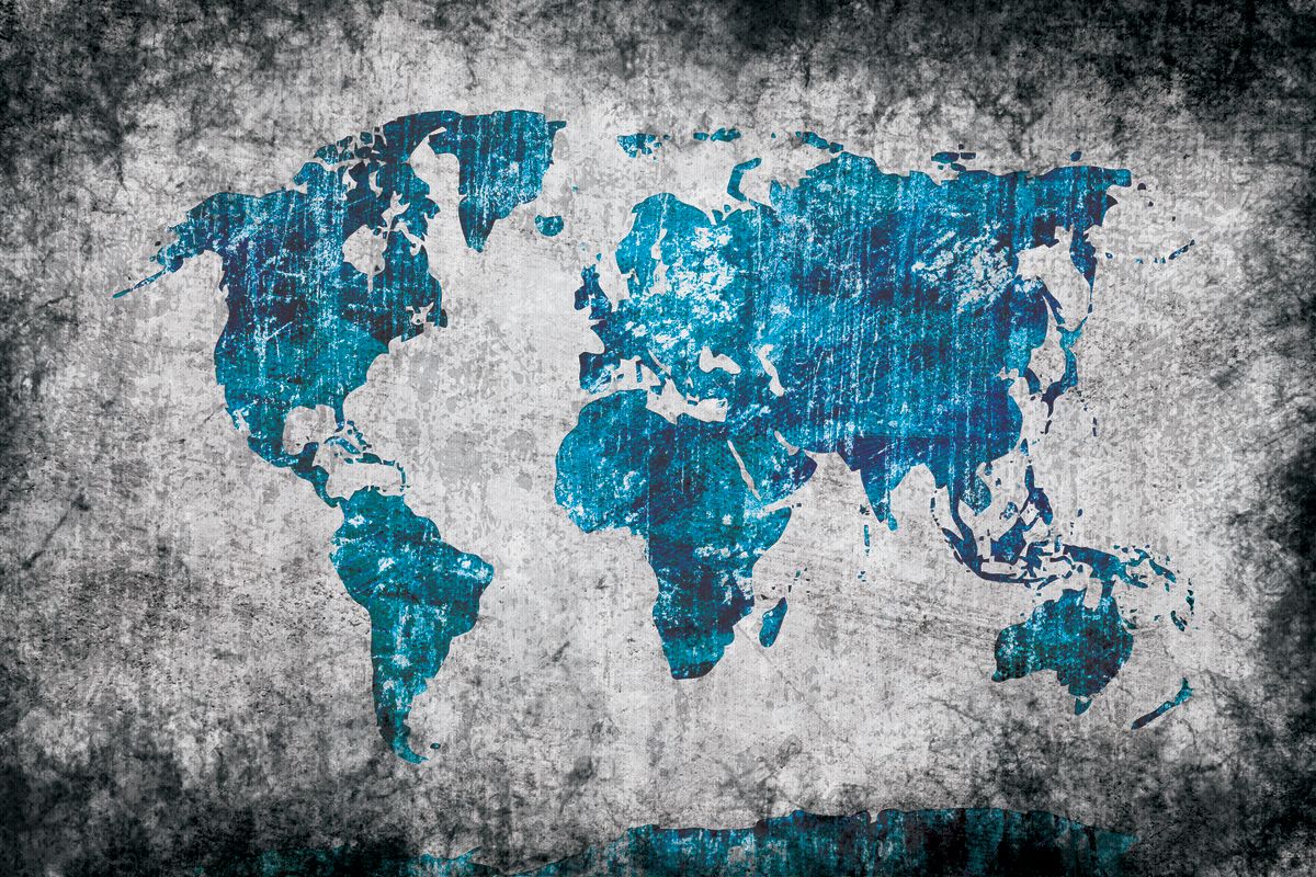 Grunge Blue World Map – Pineapple Licensing